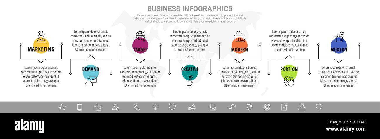 Moderne und Linienvektor-Infografik mit Kreisen und sieben Schritten ... Moderne und Linienvektor-Infografik mit Kreisen und sieben Schritten ...