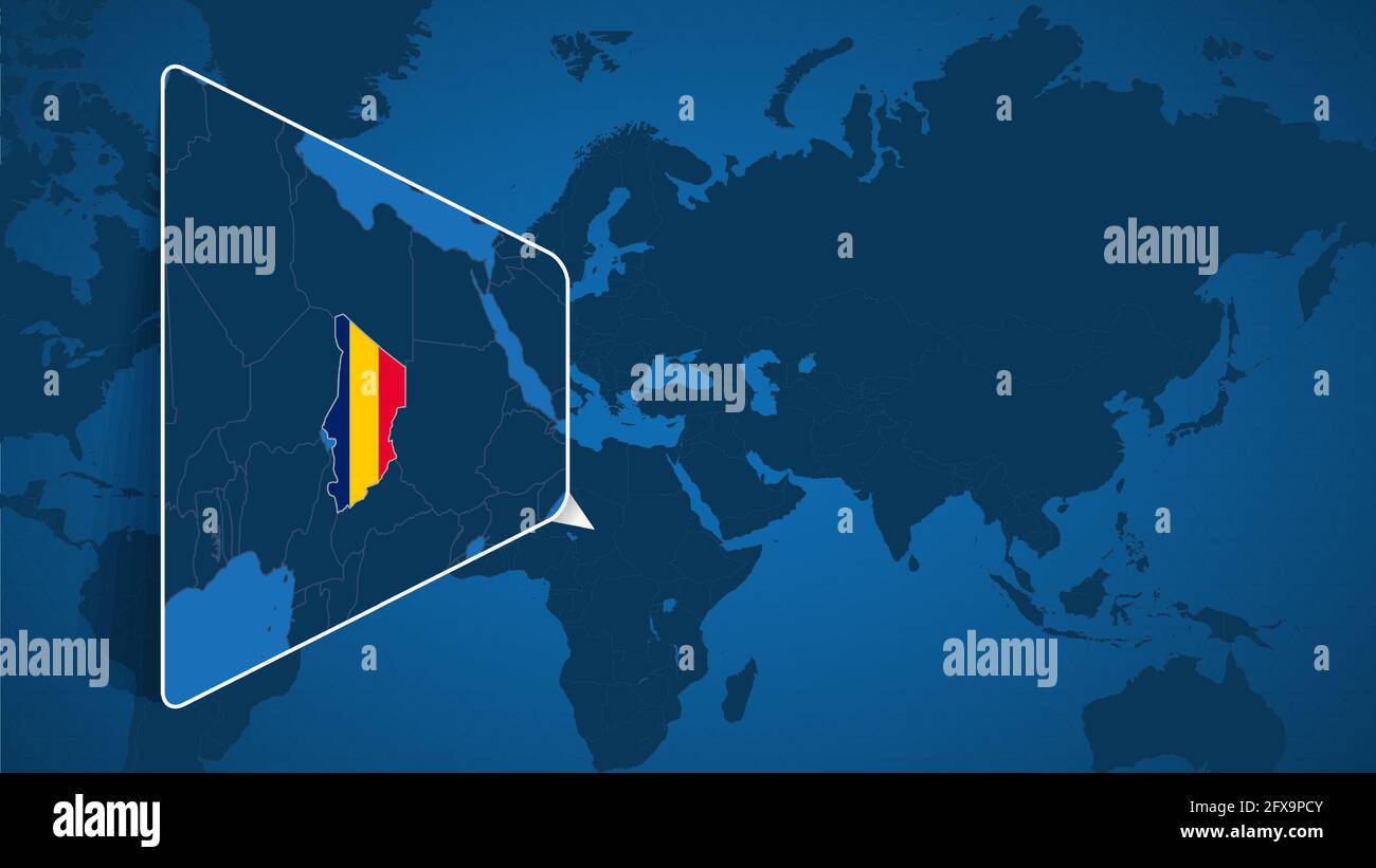 Lage des Tschad auf der Weltkarte mit vergrößerter Karte des Tschad mit Flagge. Geografische ...