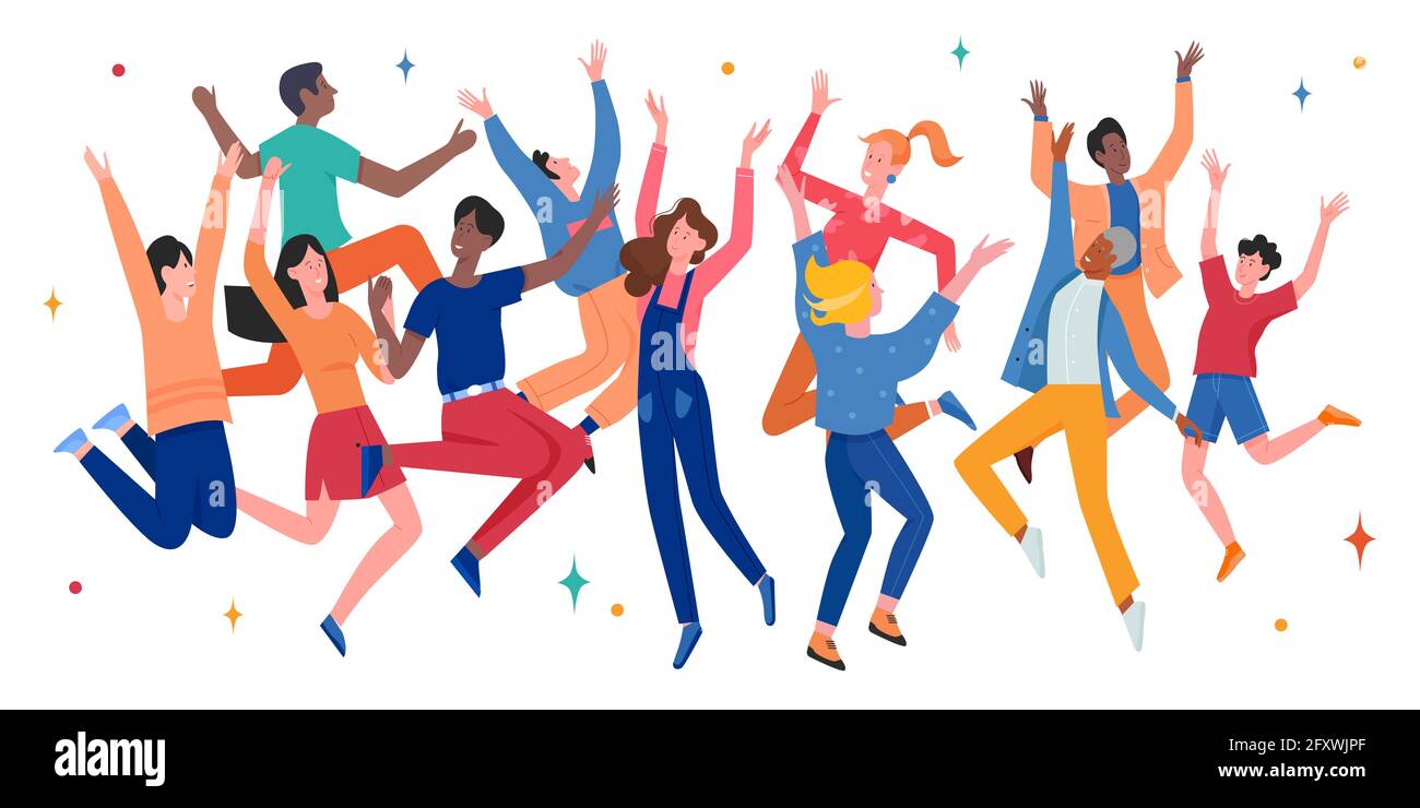 Glückliche Menschen springen, genießen und feiern Sieg Vektor ...