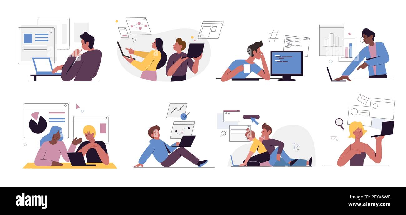 Web-Entwickler Menschen arbeiten Vektor-Illustration gesetzt. Cartoon ...