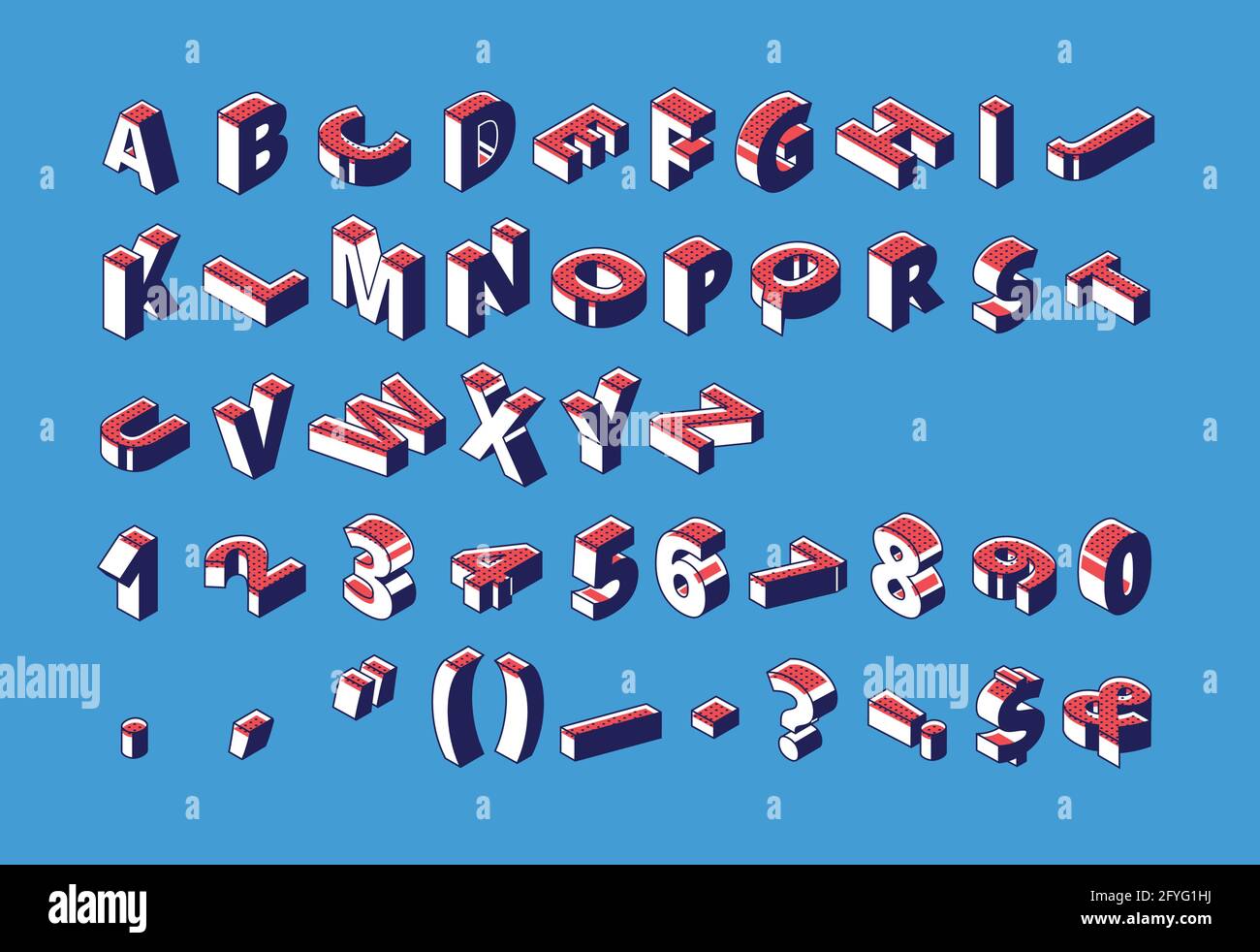 Isometrisches Alphabet, Zahlen und Satzzeichen mit gepunkteten Musterzeichen, die roh auf blauem ...