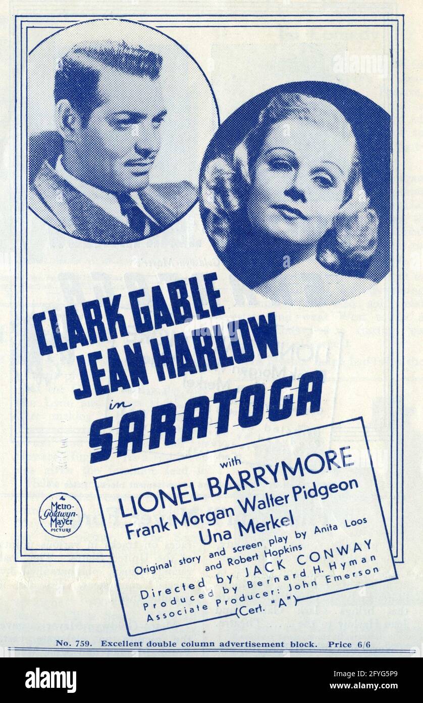 CLARK GABLE und JEAN HARLOW in SARATOGA 1937 Regisseur JACK CONWAY Originalgeschichte und ...