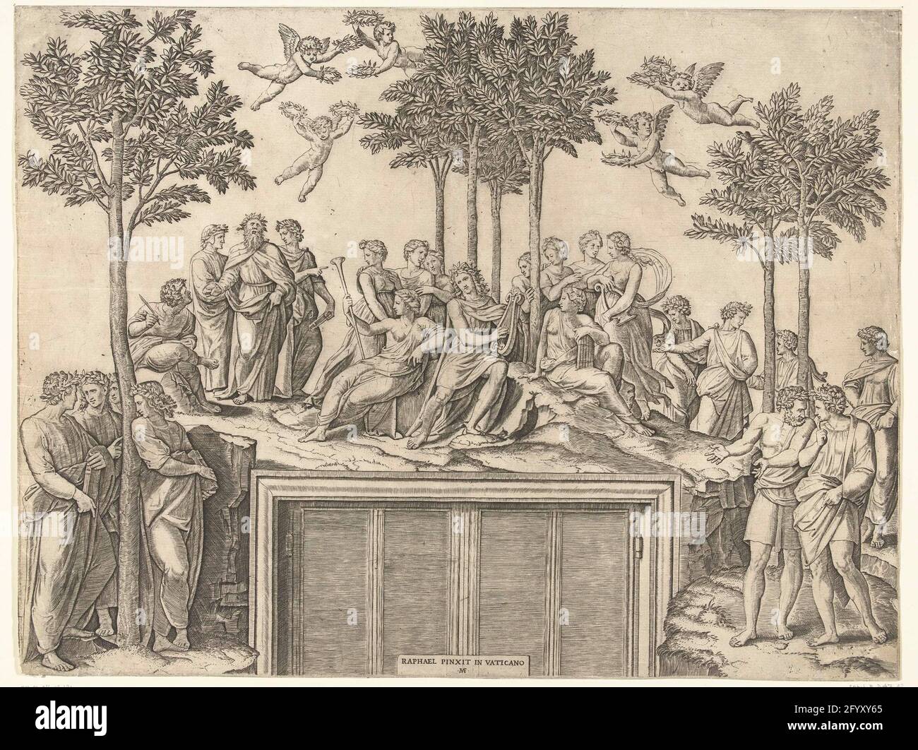 Apollo und Musen auf dem Berg parnassus. Apollo spielt auf einer Winde ...