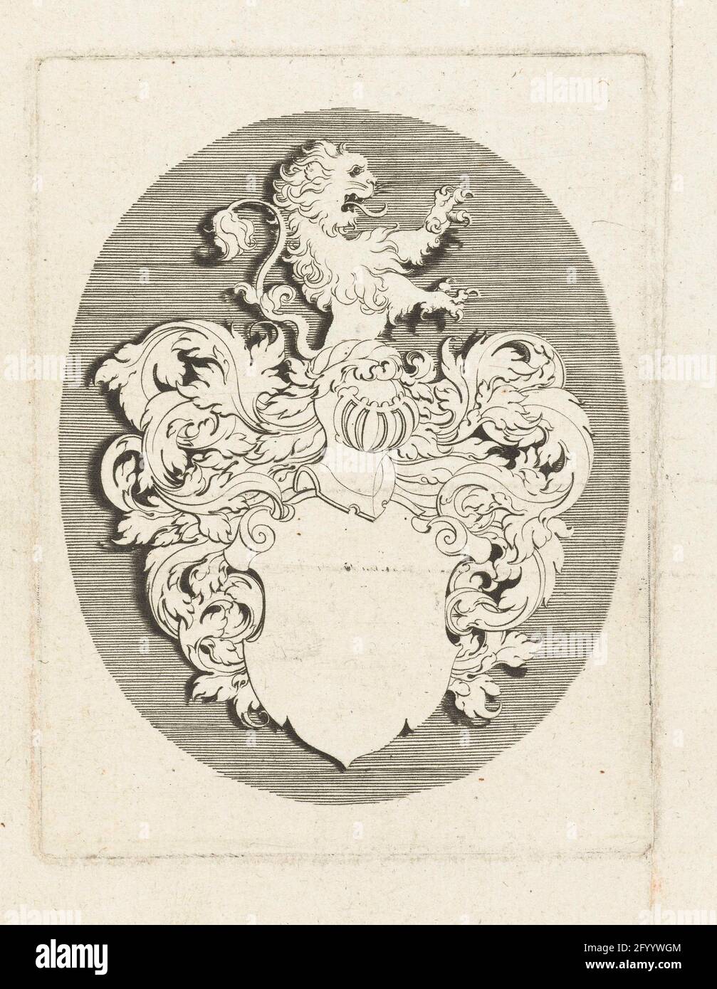 Wappen in einem Oval; Wappen. Oben ist ein Löwe, das Wappen unten ist ...