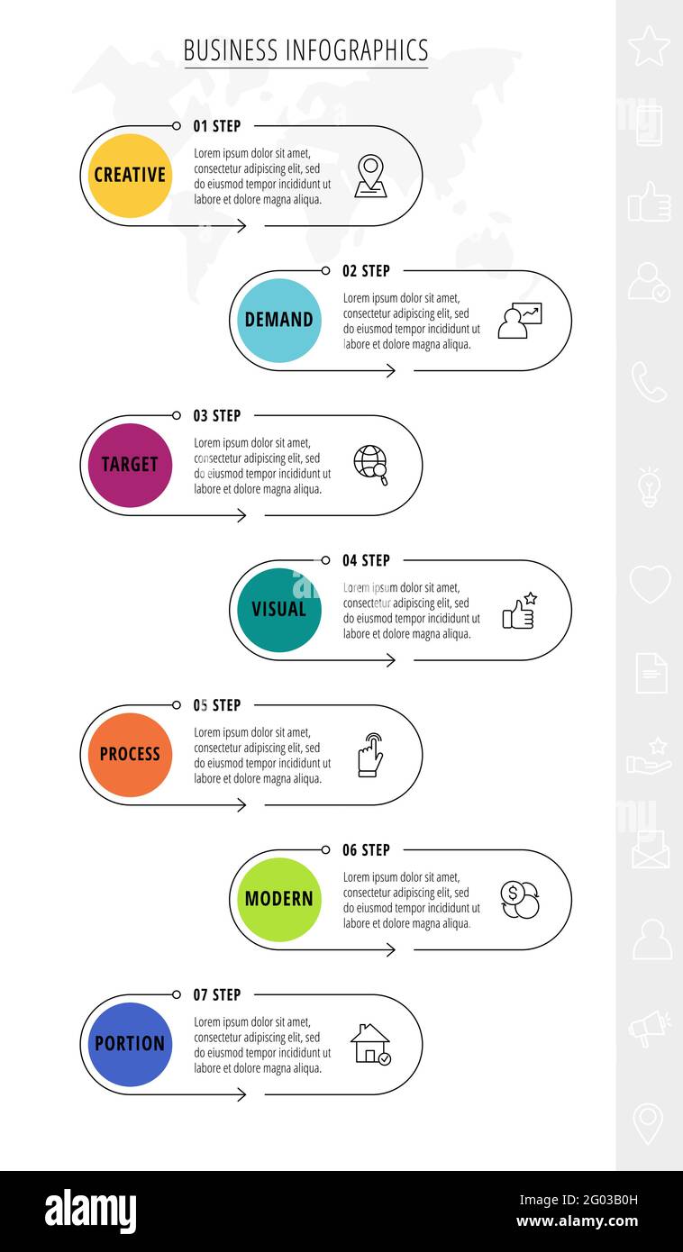 Vektor-Infografik mit sieben Schritten aus Kreisen mit Symbolen ... Vektor-Infografik mit sieben Schritten aus Kreisen mit Symbolen ...