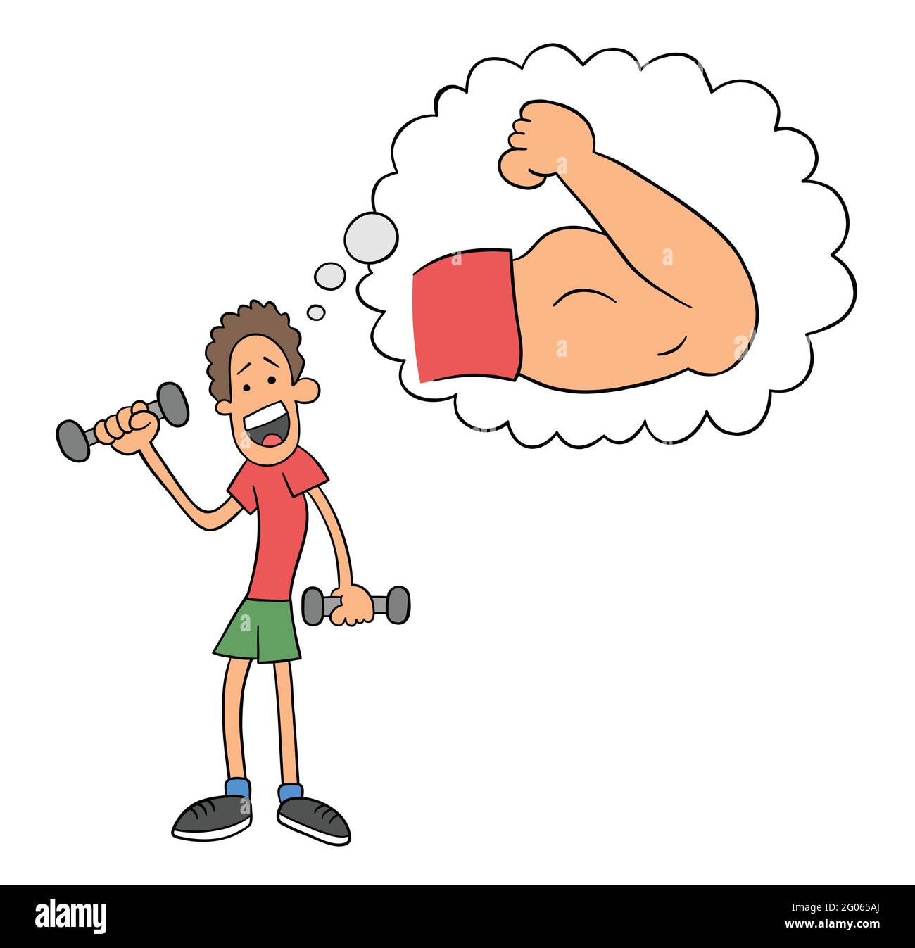 Cartoon dünne Mann Träume von Aufbau Arm Muskel durch Heben Hanteln ...