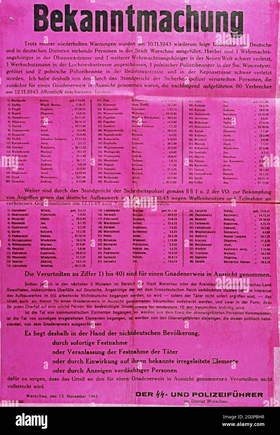 Ein altes Nazi-Plakat aus Warschau aus dem Jahr 1941, auf dem 60 ...
