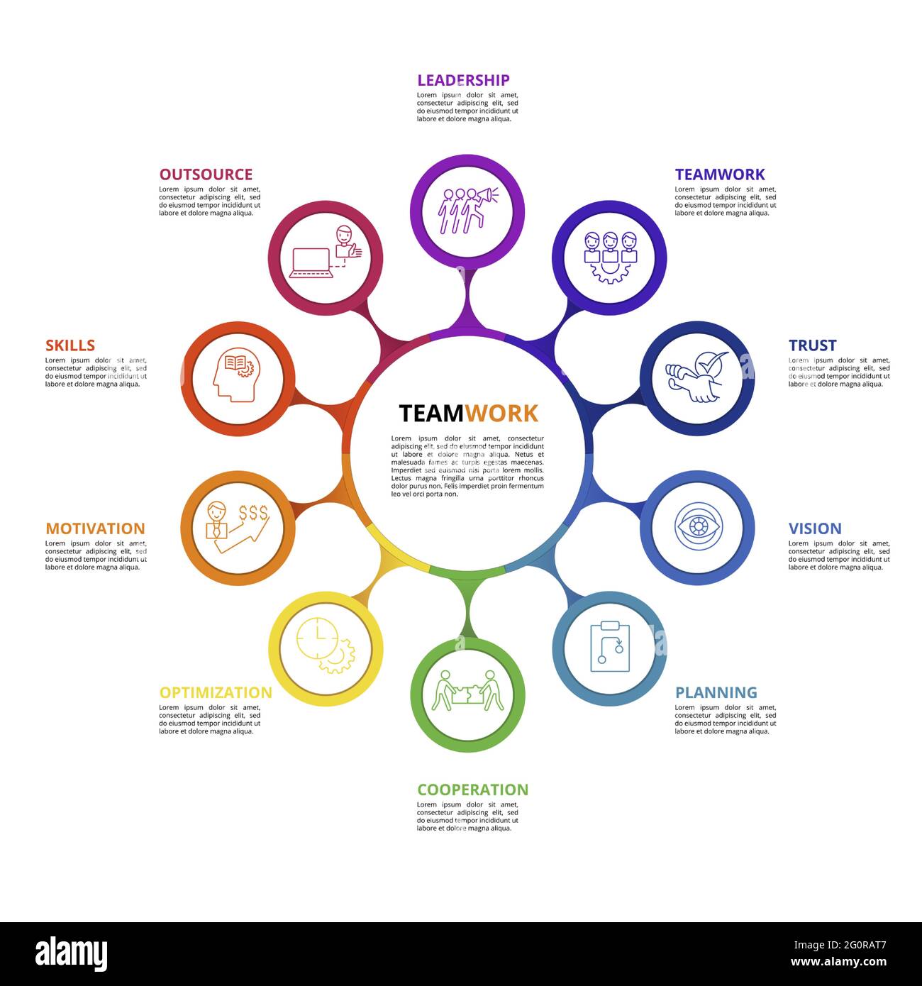 Infografik Teamwork-Vorlage. Symbole in verschiedenen Farben. Schließen ...