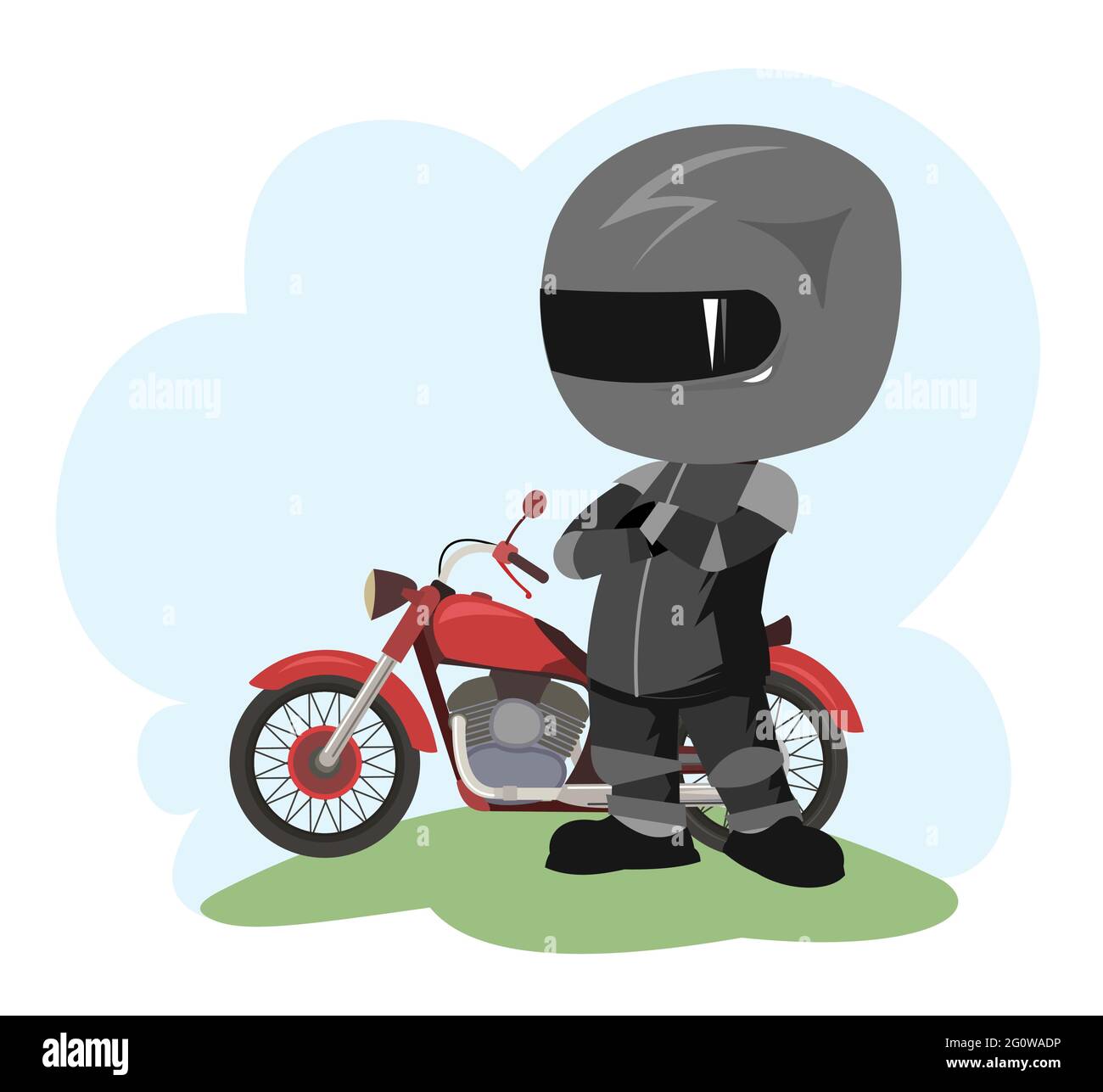Biker-Cartoon. Abbildung für Kinder. Stehen. Sportuniform und Helm ...