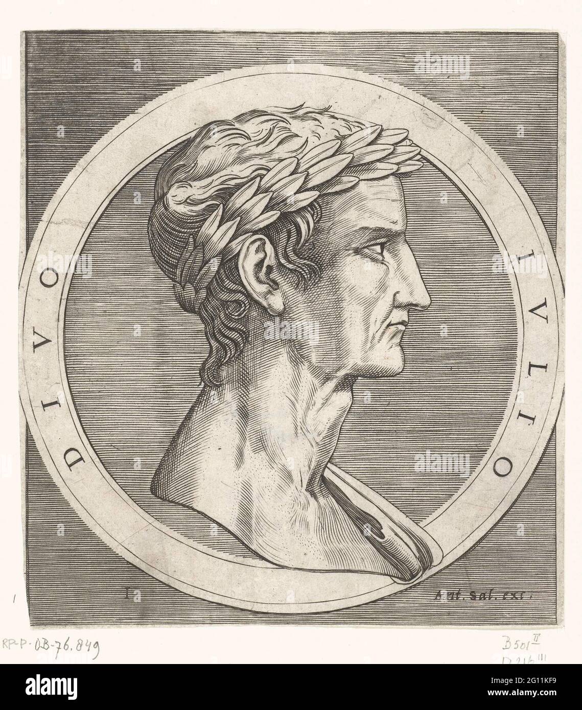 Porträt von Kaiser Julius Caesar mit Lorbeerkranz im runden Rahmen ...