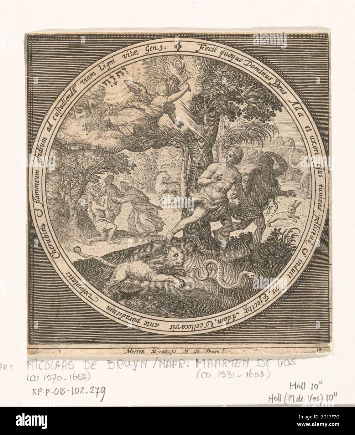 Vertreibung aus dem Paradies. Adam und Eva werden von einem Engel mit flammendem Schwert aus dem ...