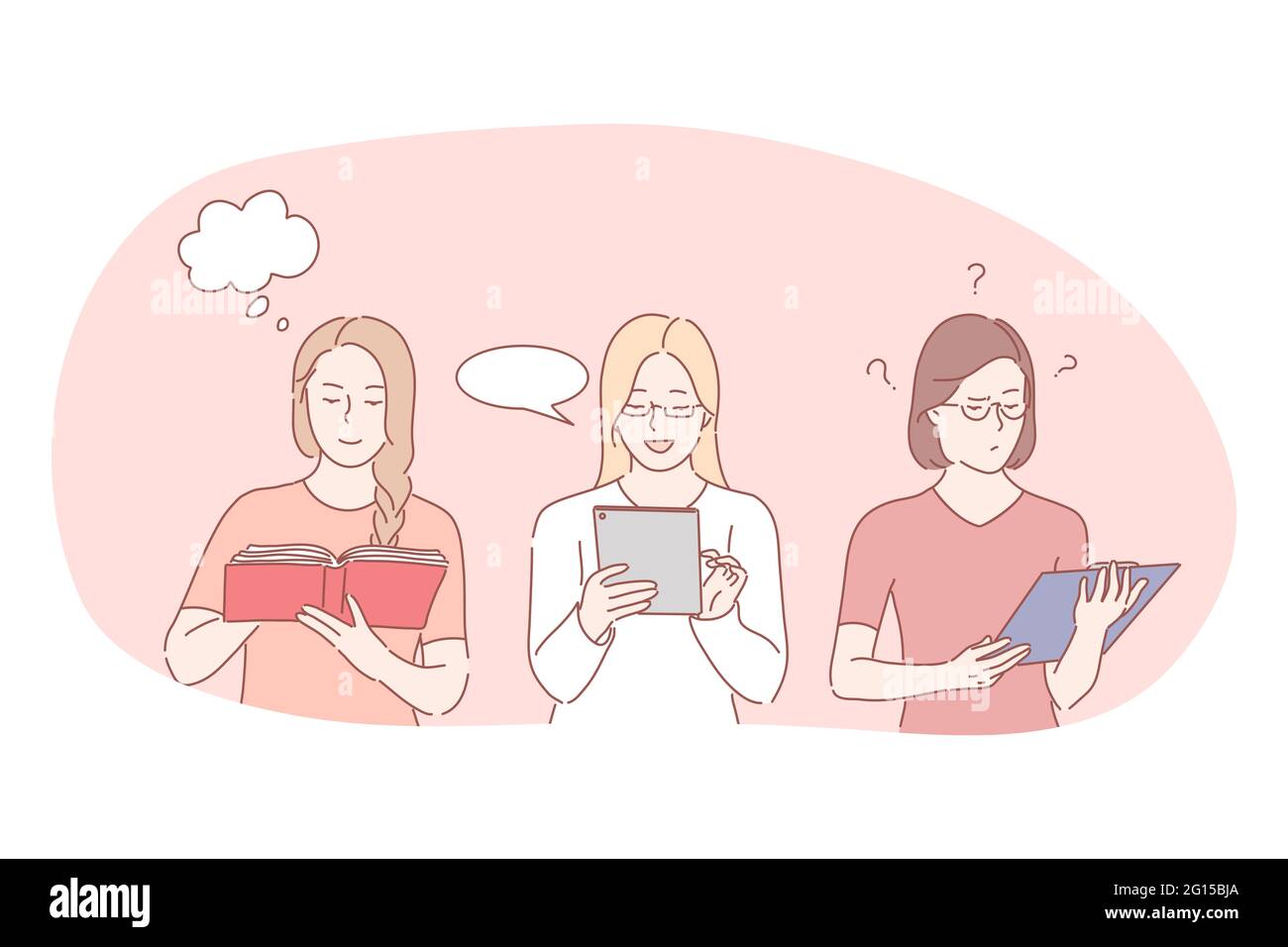 Lesen für Bildung, Studium, Geschäftskonzept. Junge Frauen Comic ...