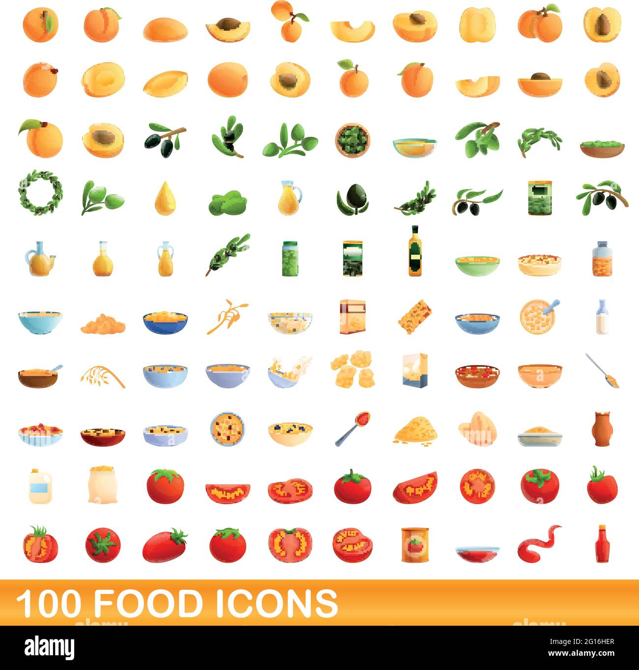 100 Essen Symbole gesetzt. Cartoon Illustration von 100 Essen Symbole ...