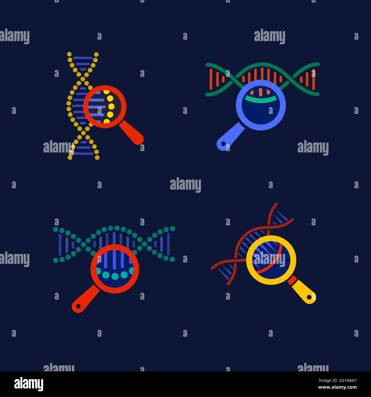 Symbole für DNA-Tests gesetzt. DNA-Kette in Lupe Zeichen. Gentechnik ...