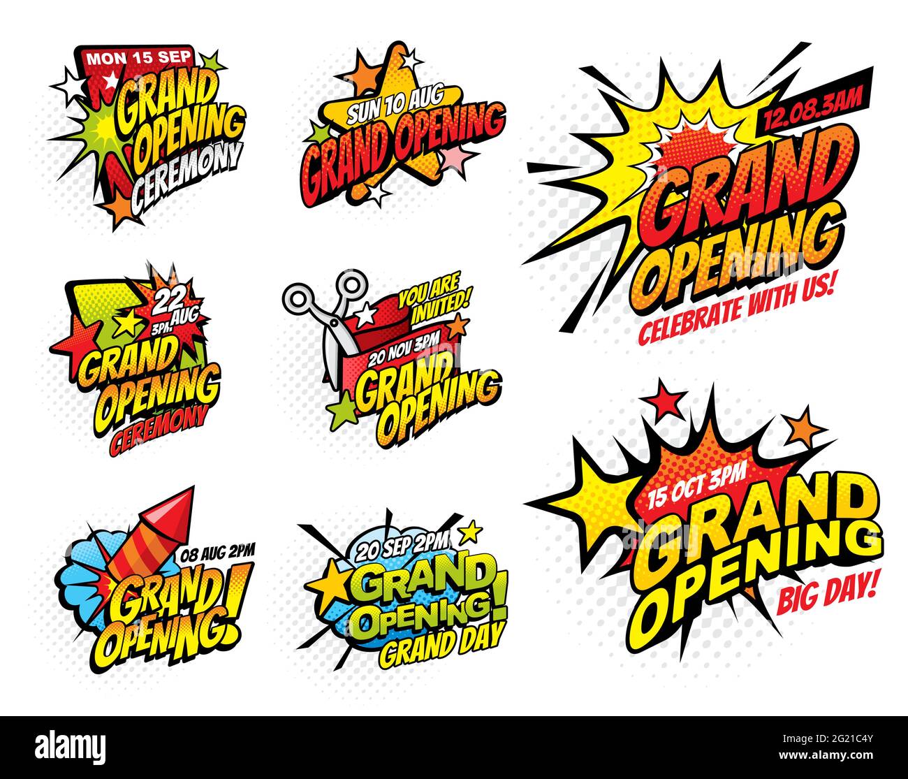 Große Eröffnung Halbton Comic Blase Vektor-Symbole. Pop Art Rede und ... Große Eröffnung Halbton Comic Blase Vektor-Symbole. Pop Art Rede und ...