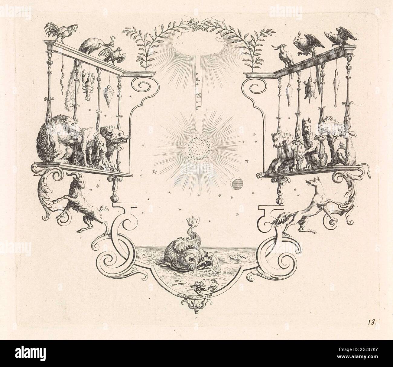 Tetragramm und Sonne und Mond im ornamentalen Bilderrahmen. Am Himmel ...