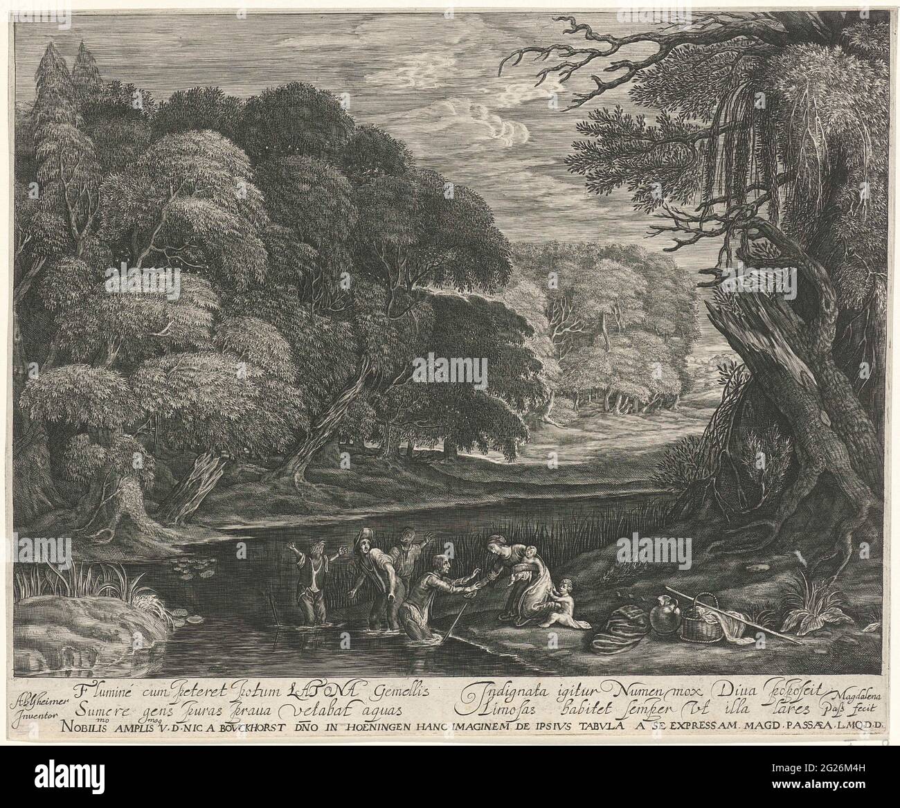 Latona und die lykischen Bauern. Waldlandschaft mit Latona und seinen Kindern Apollo und Diana ...