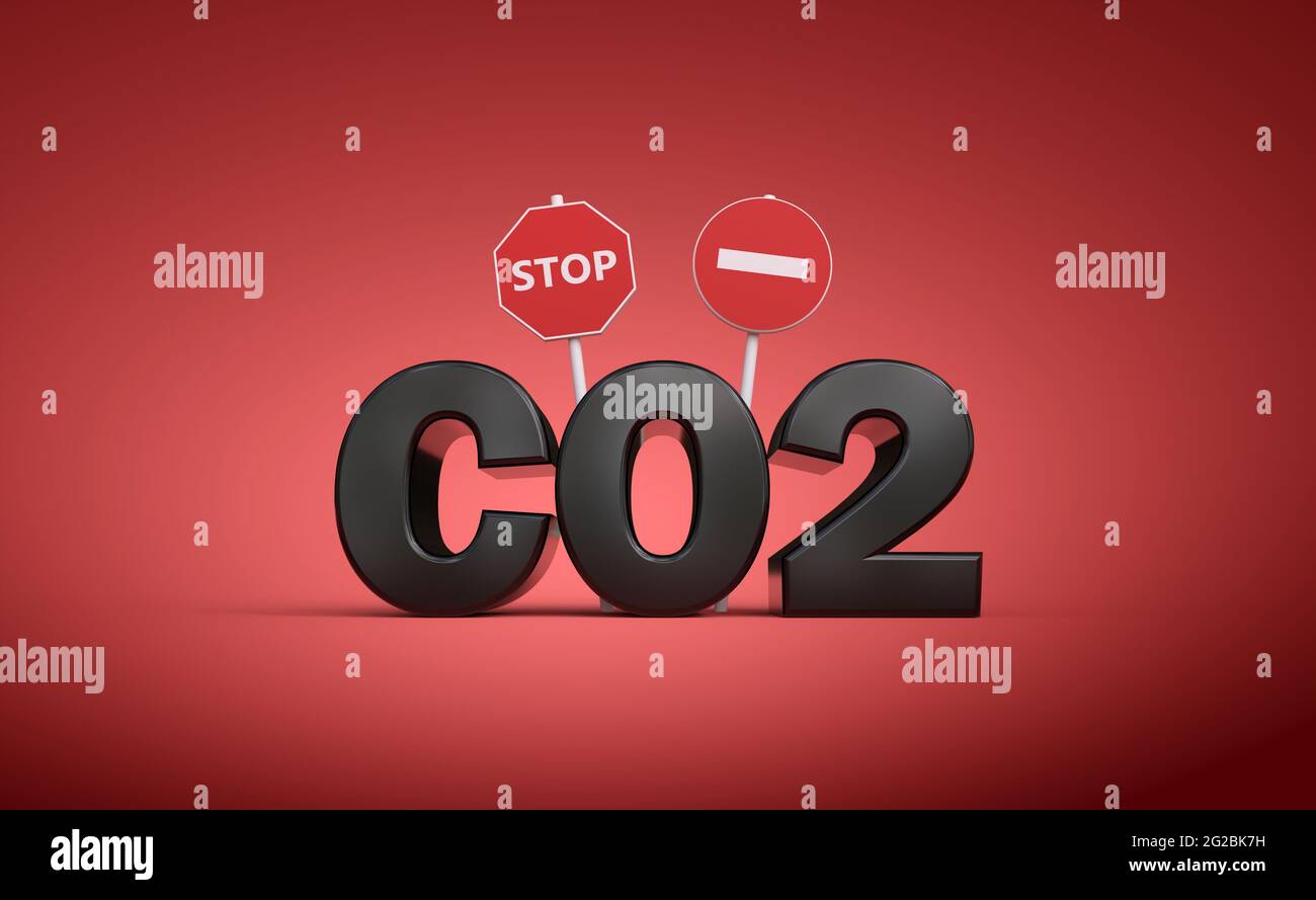 CO2-Text mit Stoppzeichen und verbotenen Zeichen - 3D-Rendering Stockfotografie - Alamy