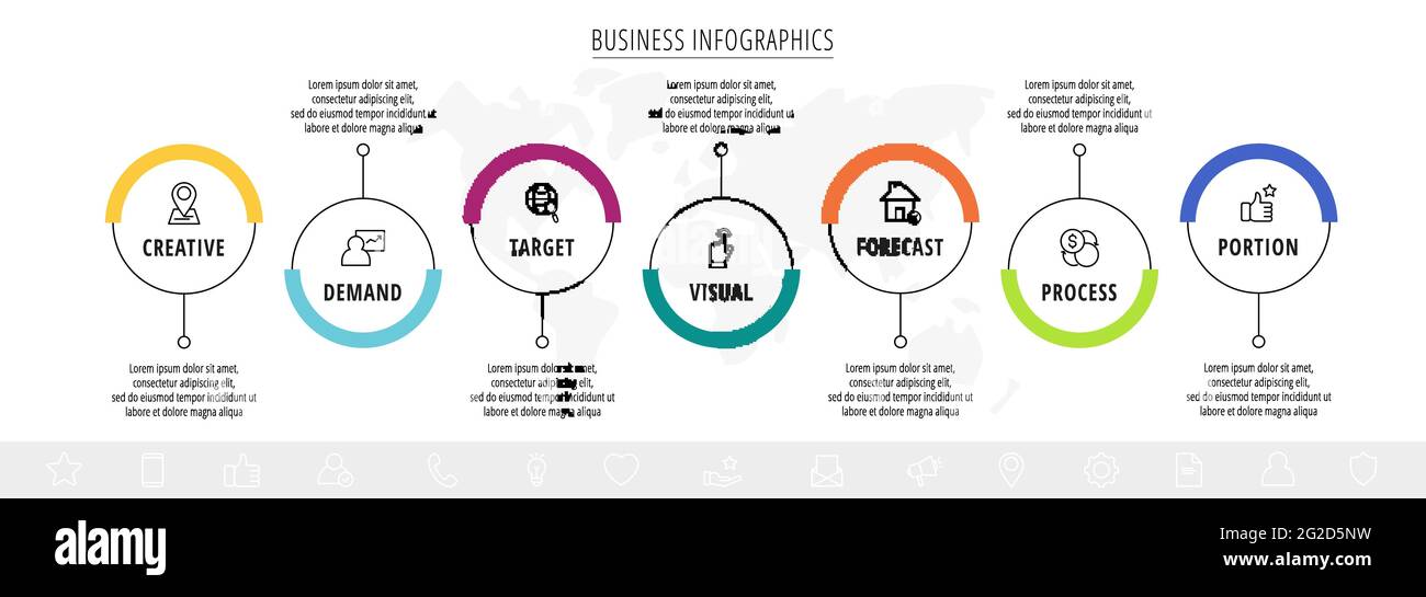 Linienvektor-Infografiken mit sieben Kreisen und Symbolen. Vorlage mit ... Linienvektor-Infografiken mit sieben Kreisen und Symbolen. Vorlage mit ...