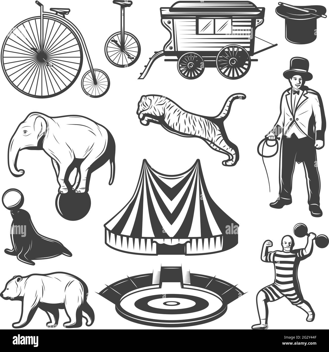 Vintage Zirkus Elemente Sammlung mit Tieren Trainer strongman Fahrrad ...