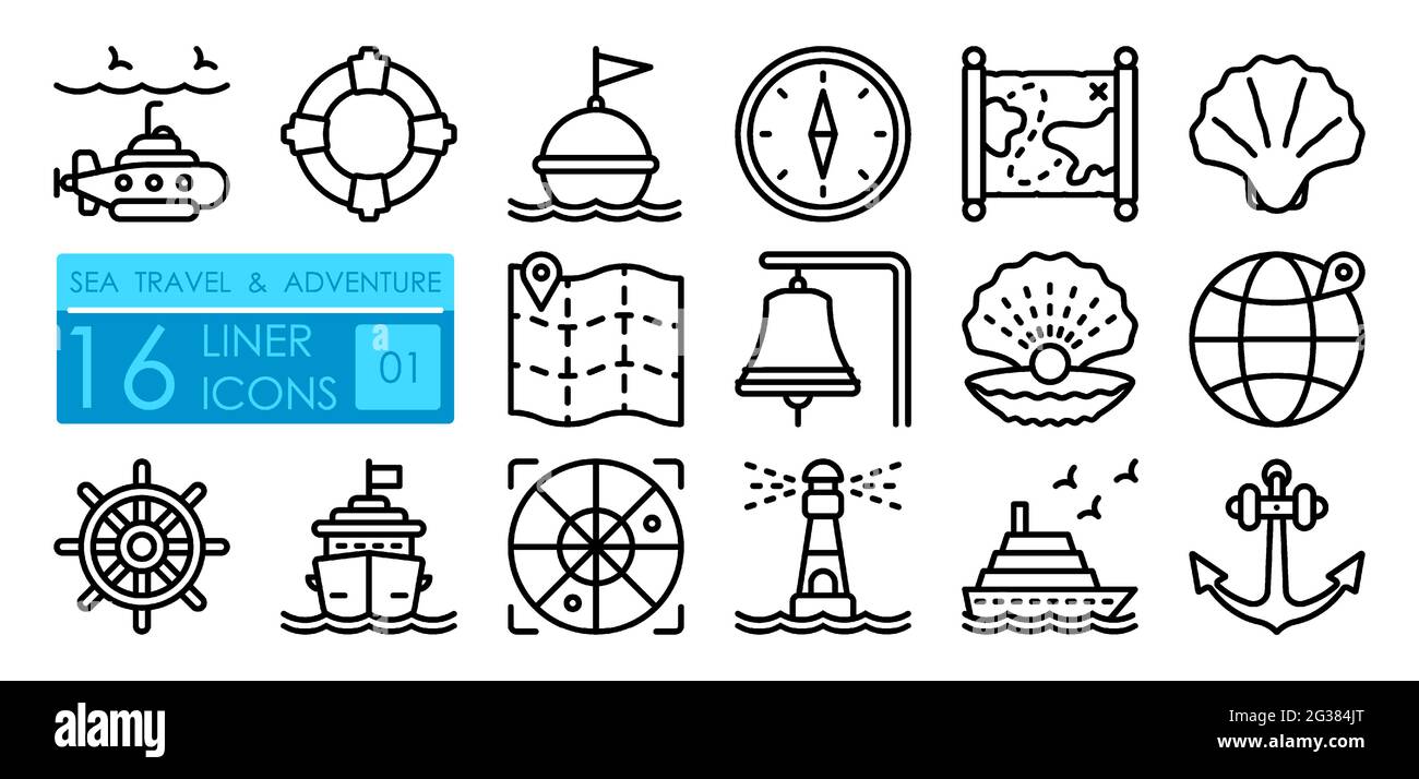 Satz von nautischen Symbolen. U-Boot, Rettungsboje, Boje auf Wellen ...