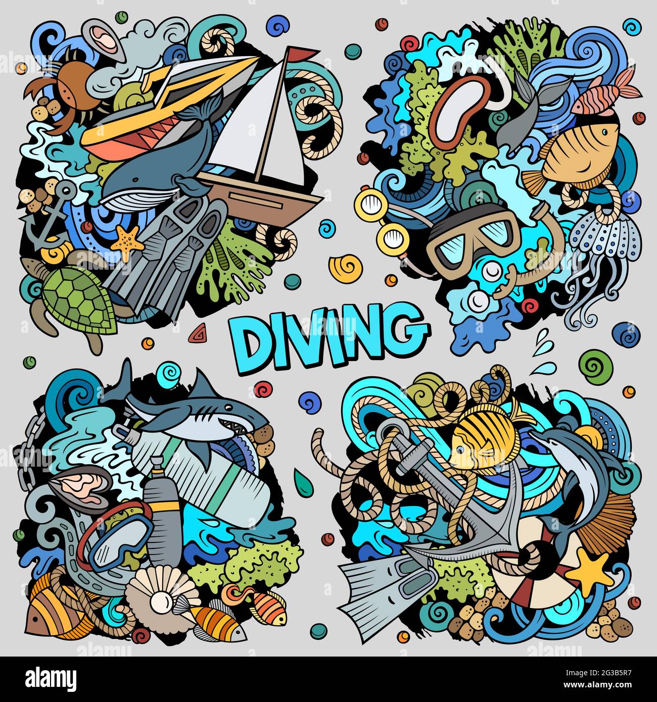 Tauchen Cartoon Vektor Doodle Designs Set. Farbenfrohe, detailreiche ...