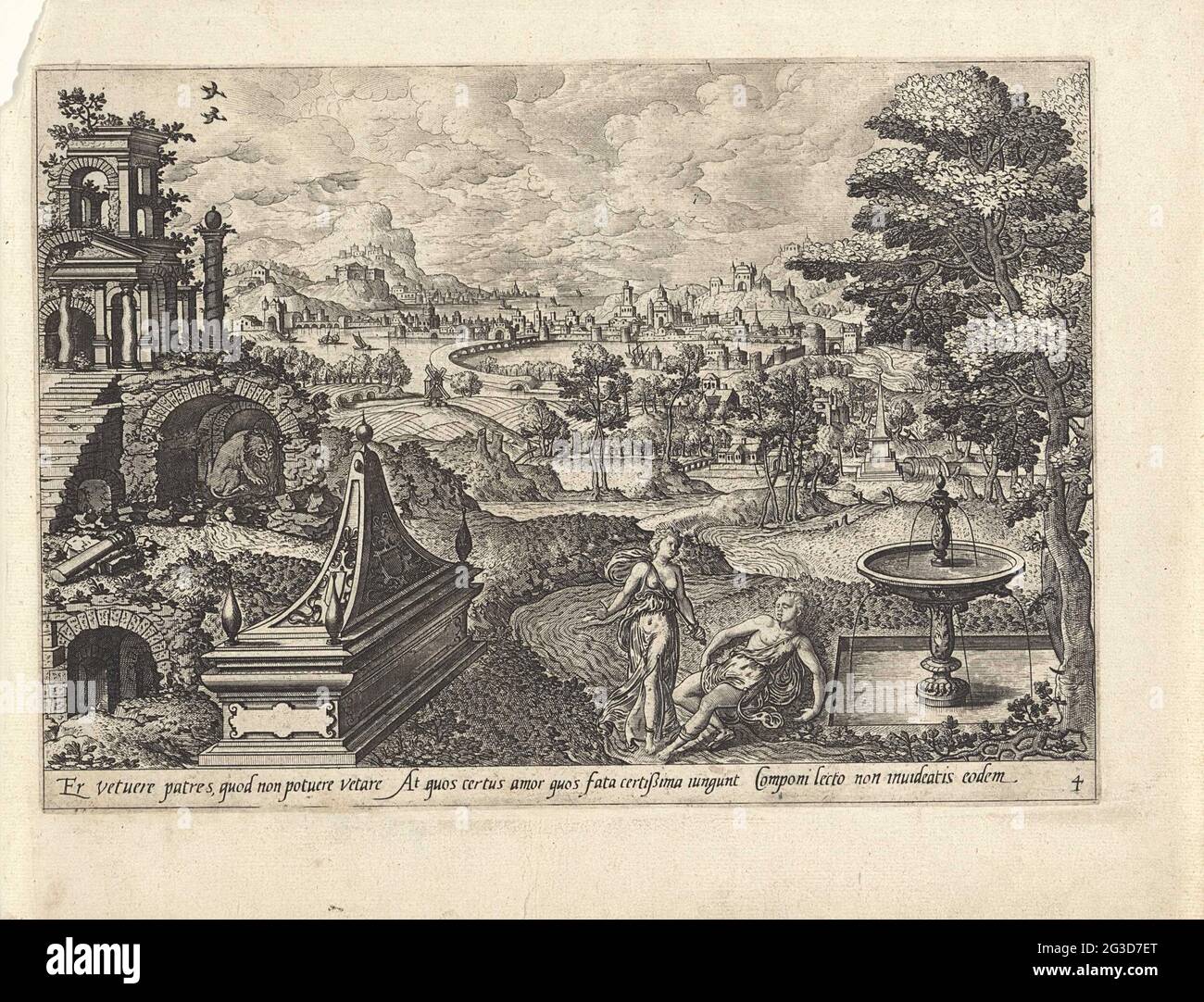 Pyramus und Thisbe; Metamorphosen von Ovid. Landschaft mit dem toten ...