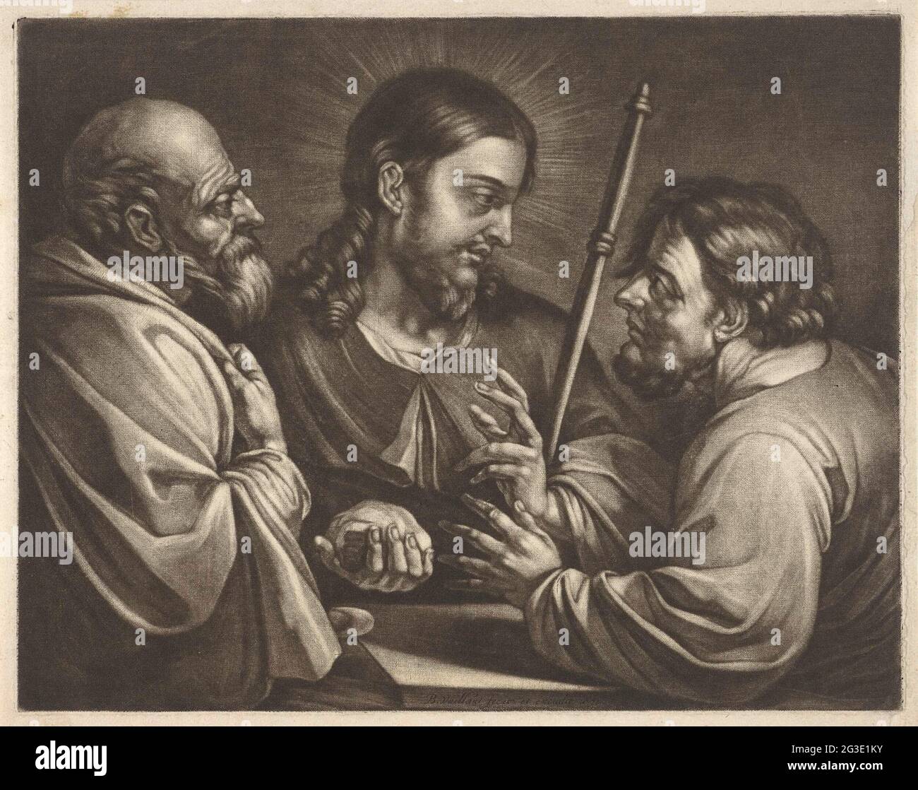 Essen in Emmaüs. Christus sitzt mit den Emmausgoers am Tisch. Er bricht das Brot und bringt den ...