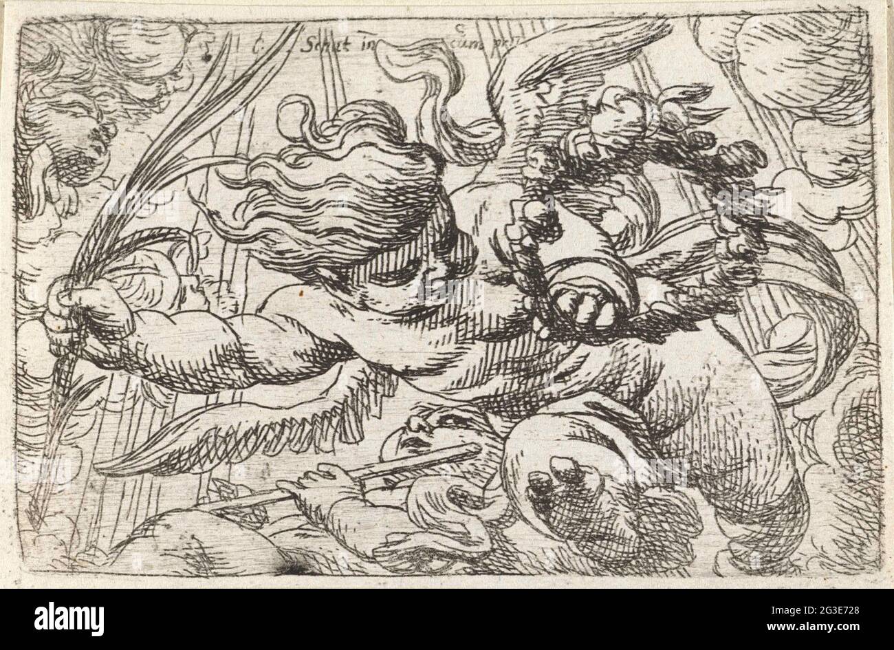 Putto mit Blumenkranz und Palmenzweig. Ein fliegender Putto hält einen ...