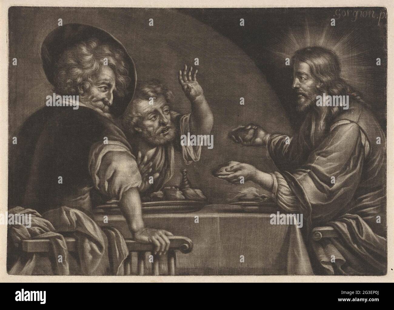 Essen in Emmaüs. Christus sitzt mit den Emmausgoers am Tisch. Er bricht das Brot und bringt den ...