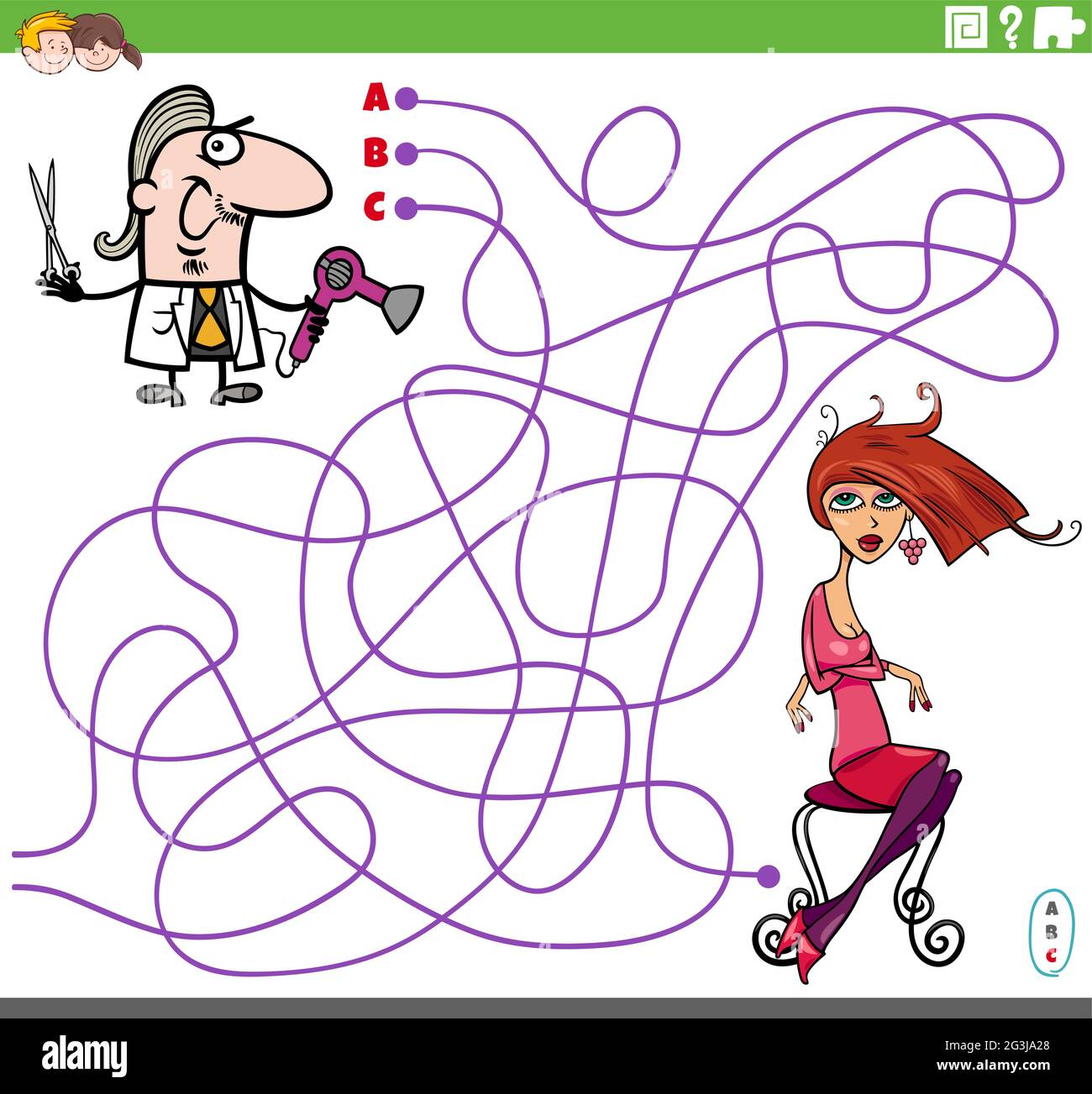 Cartoon Illustration von Linien Labyrinth Puzzle-Spiel mit Friseur und ...