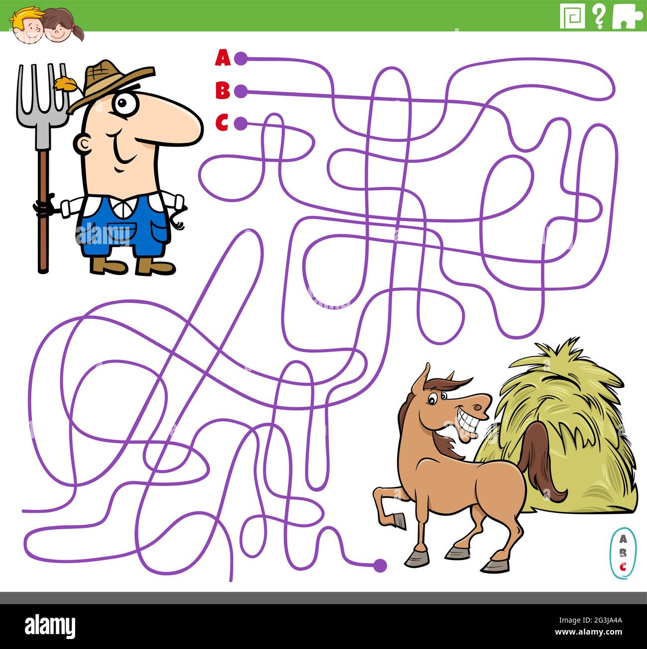 Cartoon Illustration von Linien Labyrinth Puzzle-Spiel mit Landwirt ...