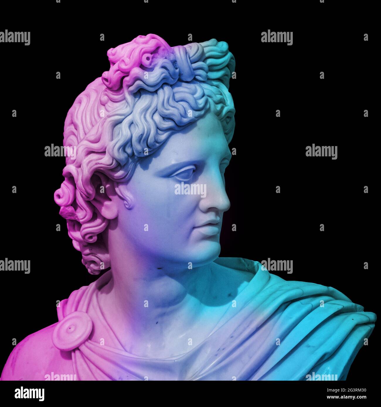 Statue von Apollo Gott der Sonne. Kreatives Konzept Bunte Neon-Bild mit ...