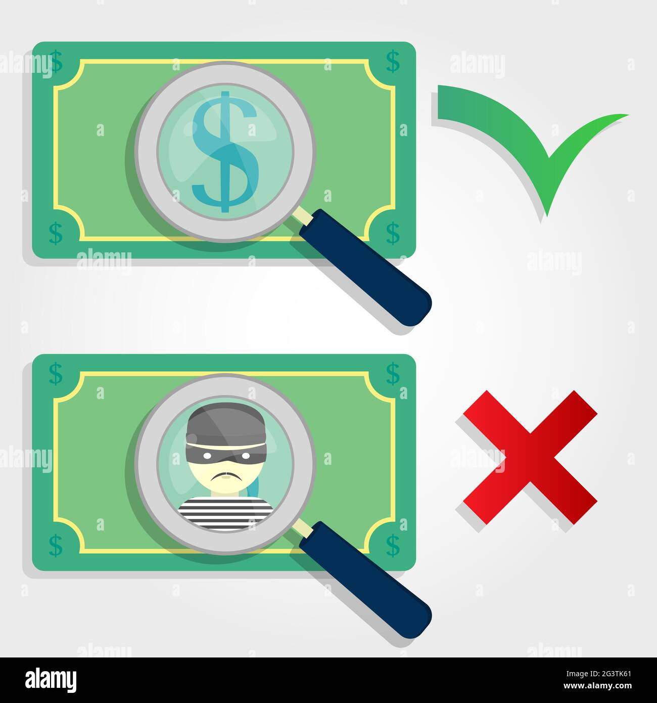 Gefälschtes Geld und legales Geld. Symbole einer Checkliste: Richtig ...