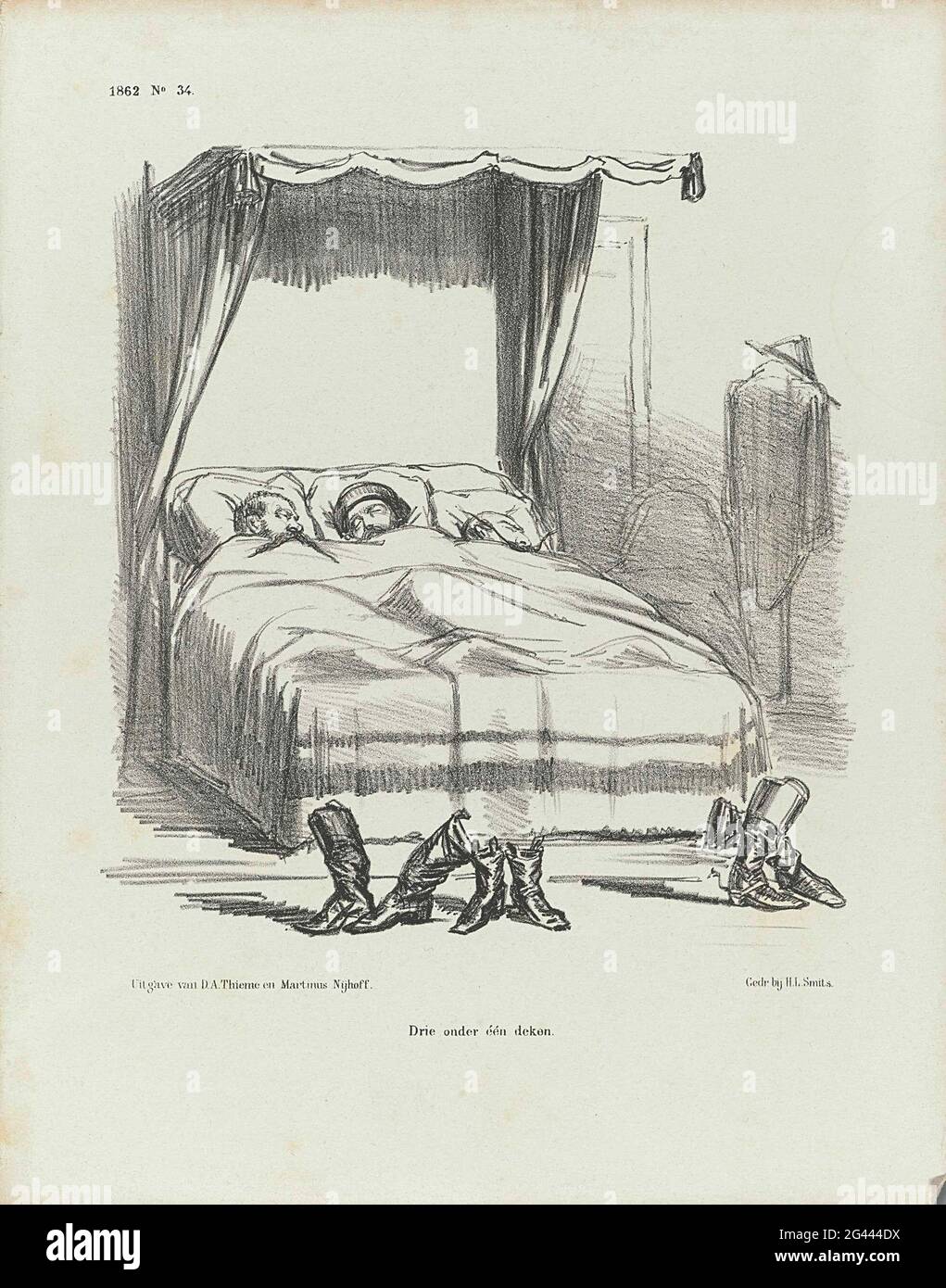 Karikatur zur italienischen Vereinigung, 1862; drei unter einer Decke ...
