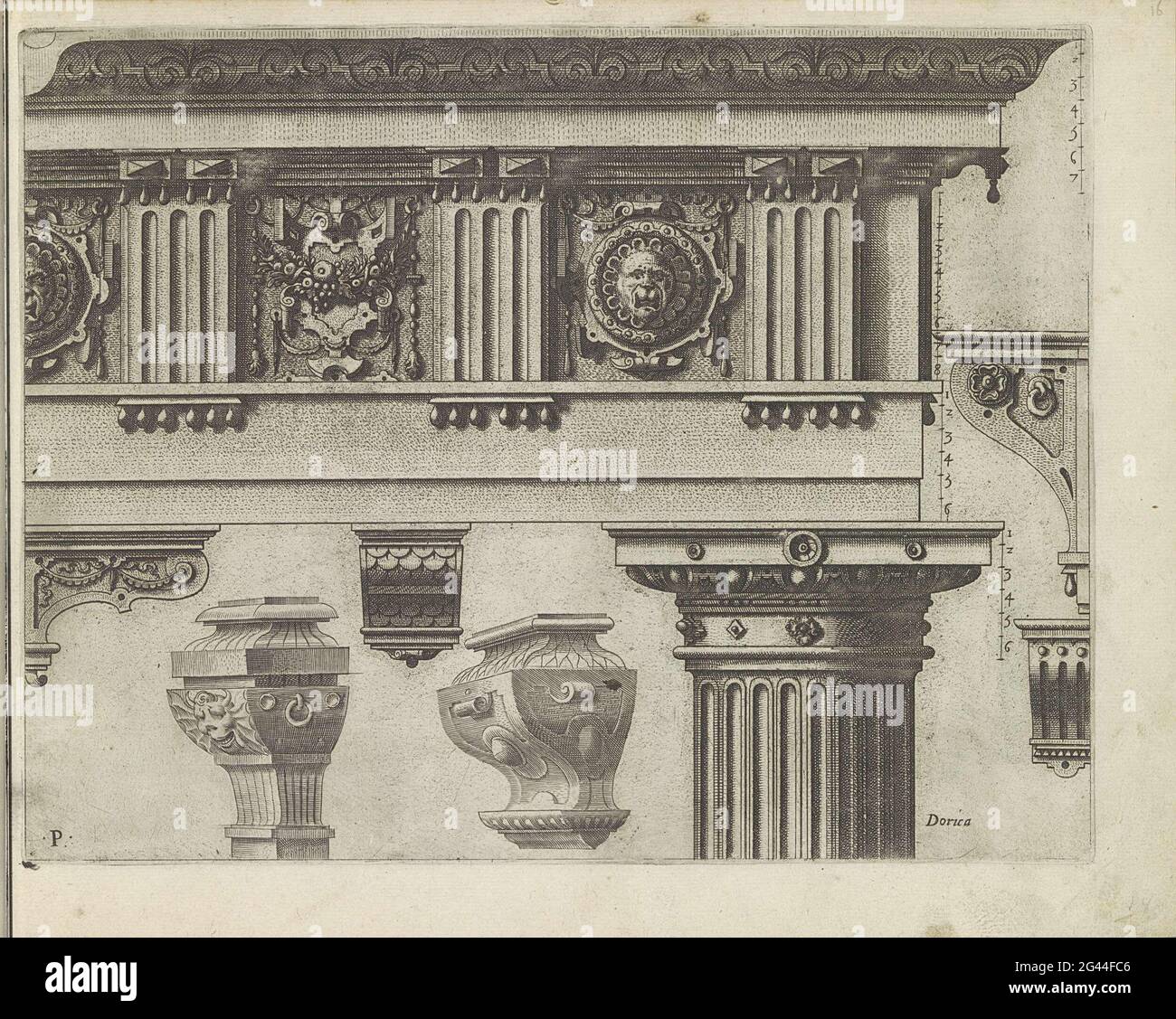 Doric-Kopfrahmen und sechs Konsolen; der erste Boeck Ghemaeckt auf den beiden Colomba Dorica und ...