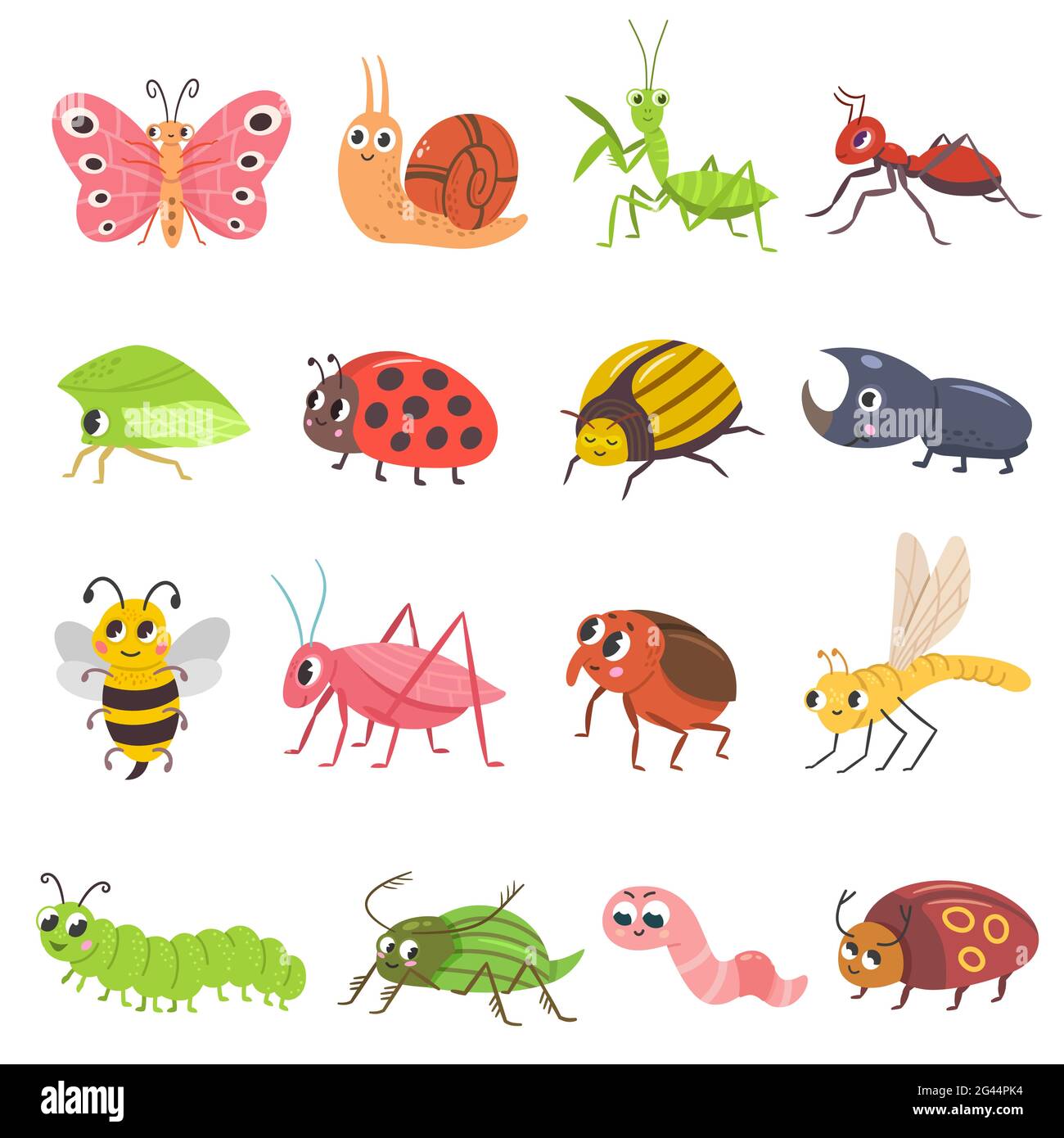 Niedliches Insektenset. Cartoon-Käfer, Käfer, Schmetterling, Wurm ...