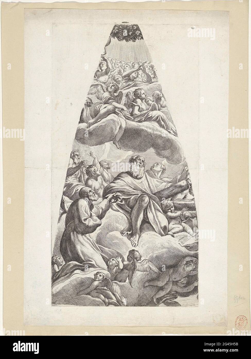 Der heilige Andreas und ein knieender Heiliger sitzen auf einer Wolke; Himmelfahrt Mariens. Der ...