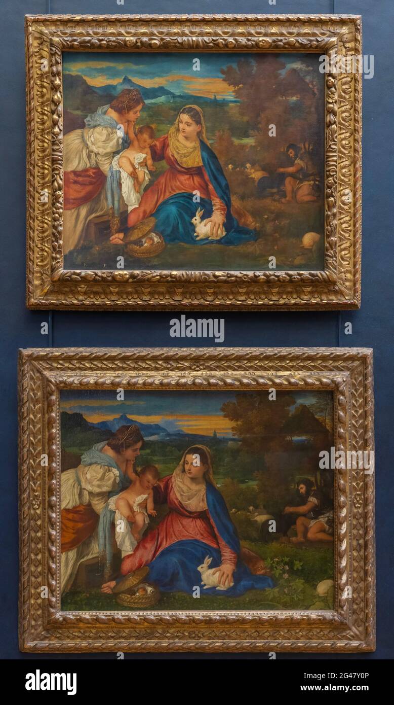 Paris, Frankreich - 21 05 2021: Louvre Museum. Denon-Flügel. Die Jungfrau und das Kind mit der ...