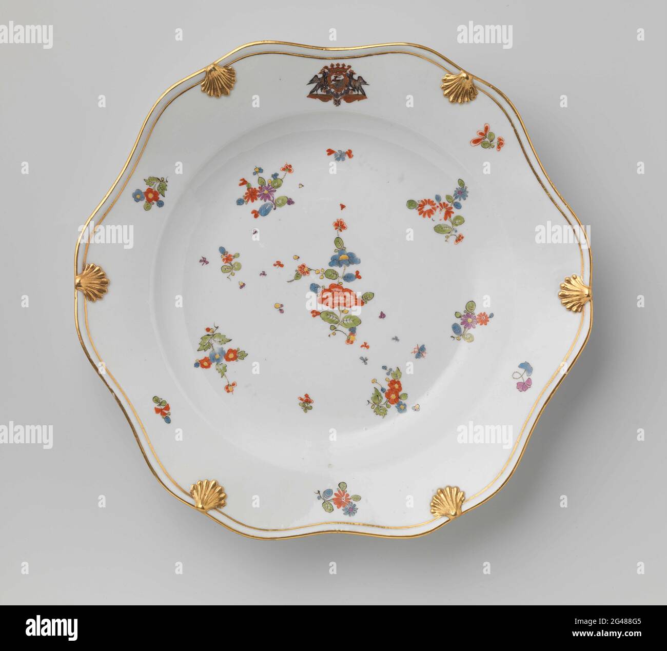 Schale, bunt bemalt mit kakiemon-Blüten und der Waffe des Heinich Graf ...