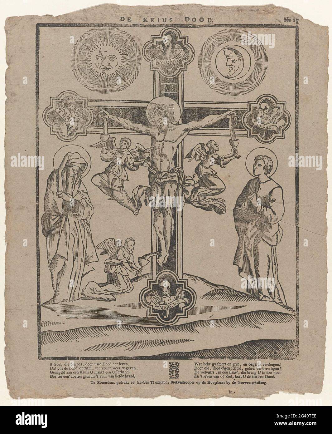 Der Kreuzestod. Christus am Kreuz, mit Maria und Johannes unter dem Kreuz. Engel fangen das Blut ...