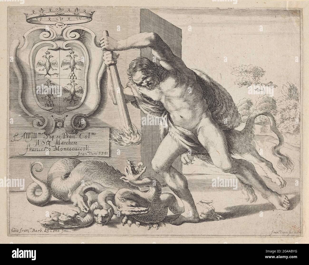 Herkules und die Hydra von Lerna. Herkules versucht, die vielköpfige Hydra von Lerna mit einer ...