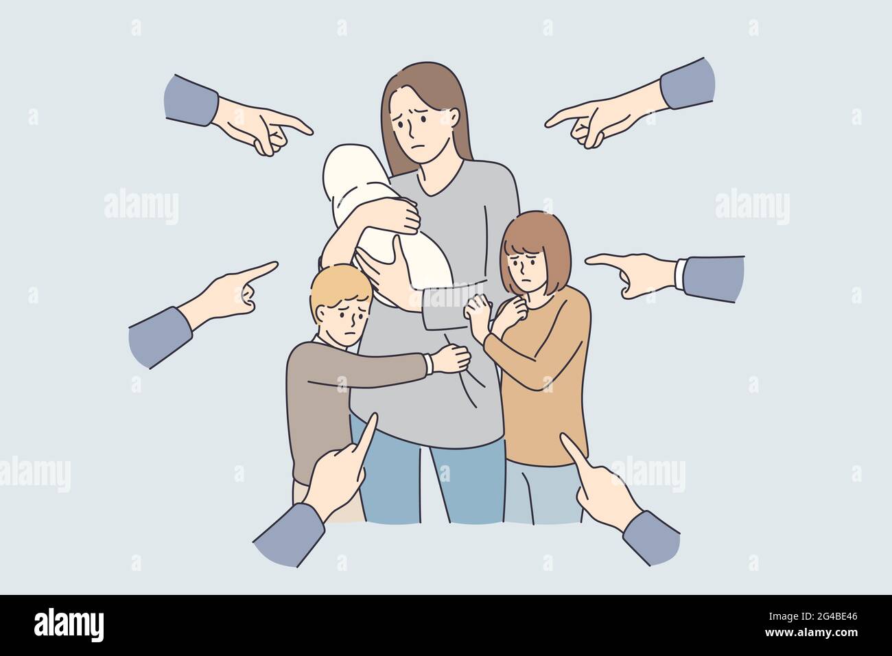 Alleinerziehende Mutter soziale Probleme. Hände von Menschen zeigen auf ...