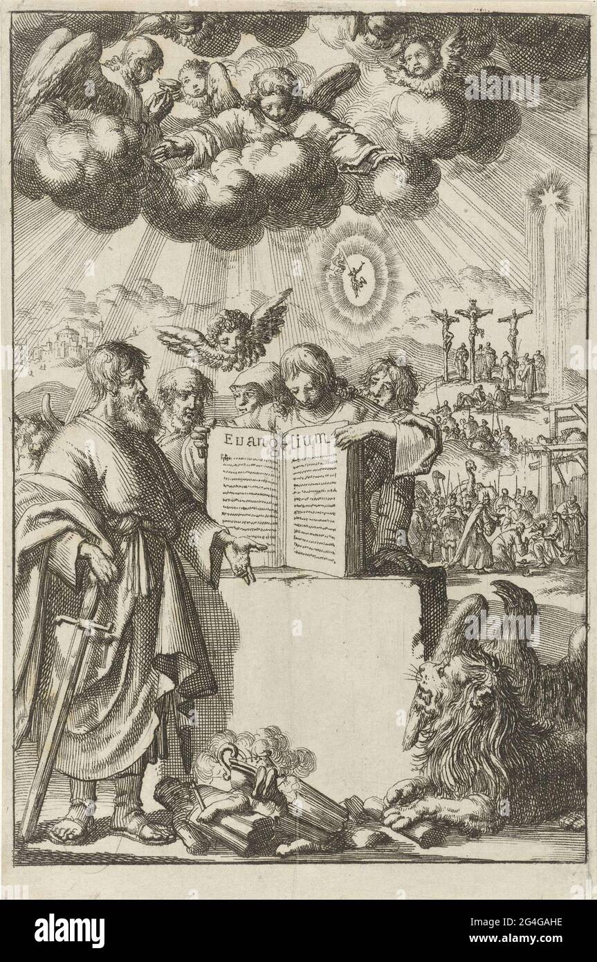 . Johannes zeigt Pauls Evangelium. Hinter Johannes stehen die drei anderen Evangelisten Matthew ...