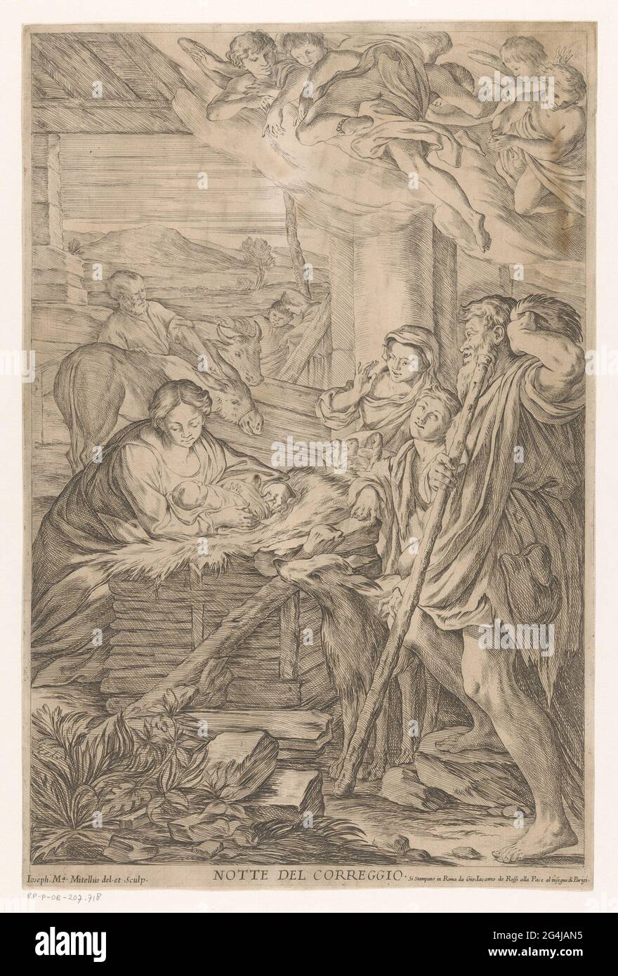 Anbetung durch die Hirten; Notte del Correggio. Blick in einen Stall mit Maria, die neben einer ...