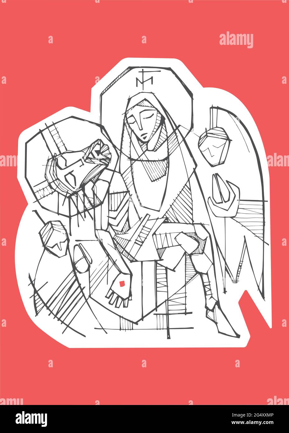 Handgezeichnete Vektorgrafik oder Zeichnung der Jungfrau Maria, die Jesus Christus an seiner ...