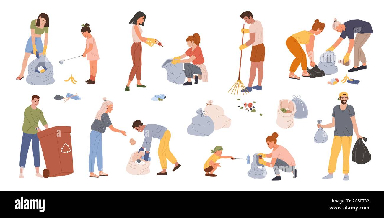 Die Leute sammeln Müll. Männer, Frauen und Kinder sammeln Müll in ...