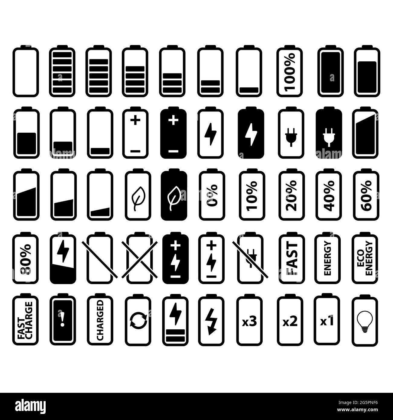 Akkusymbole auf weißem Hintergrund. Akkuladeanzeige. Akkusymbol ...