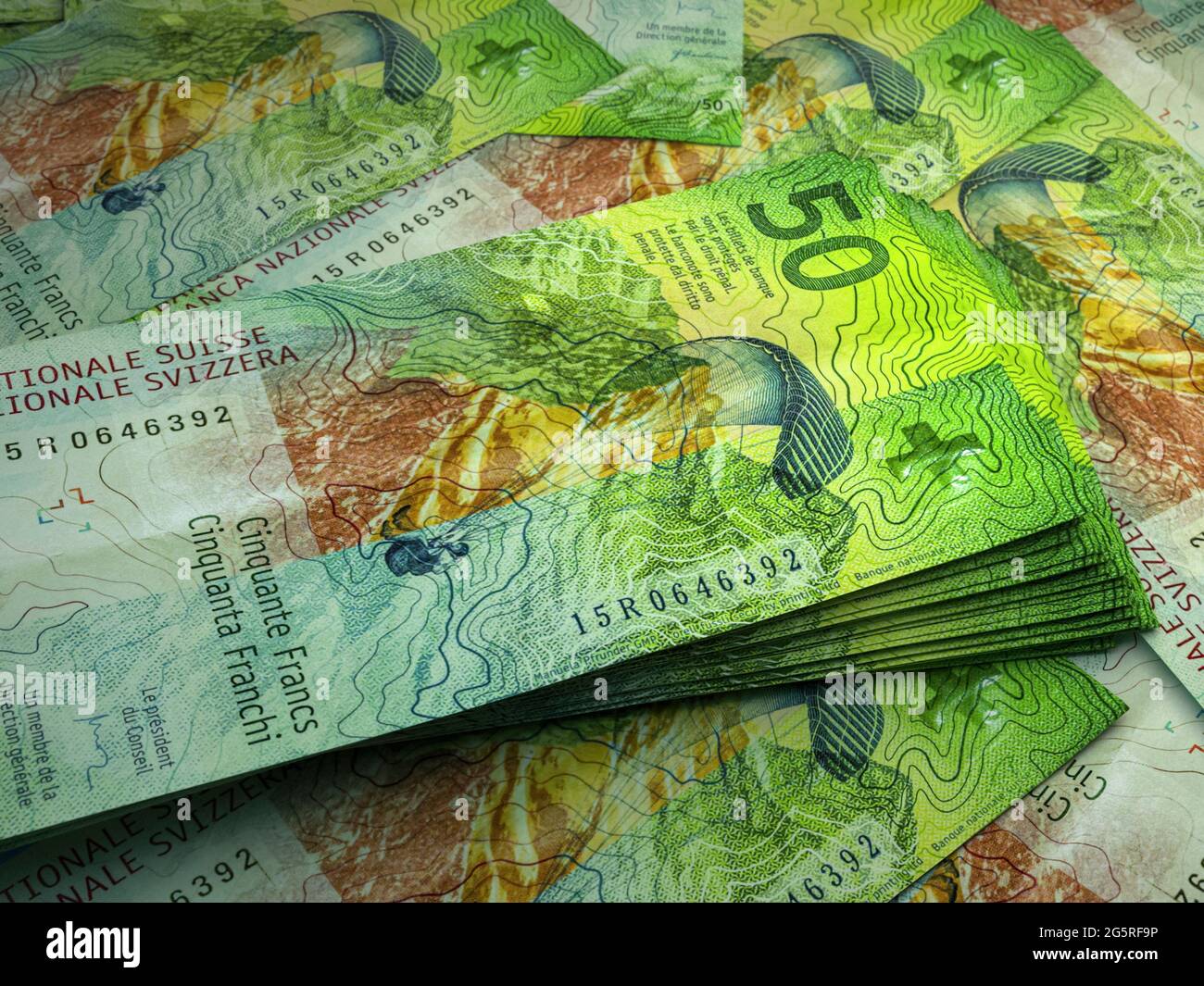 Geld der Schweiz. Schweizer Franken. CHF-Banknoten. 50 Franken. Handel ...
