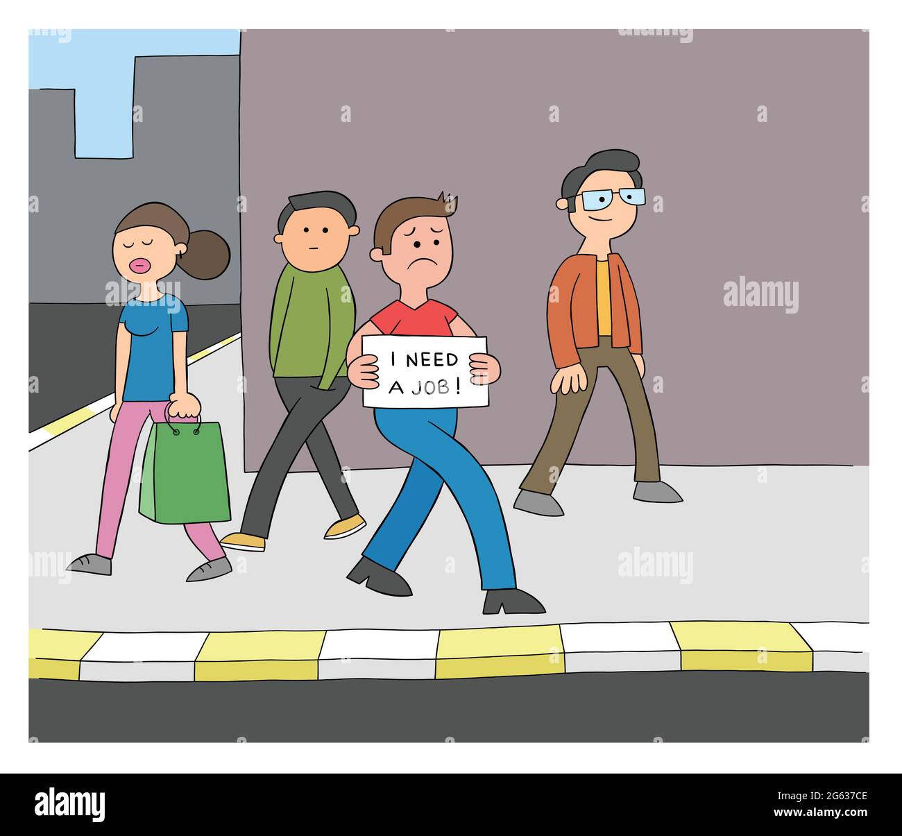 Cartoon-Mann ist arbeitslos und läuft auf der Straße mit einem Schild ...
